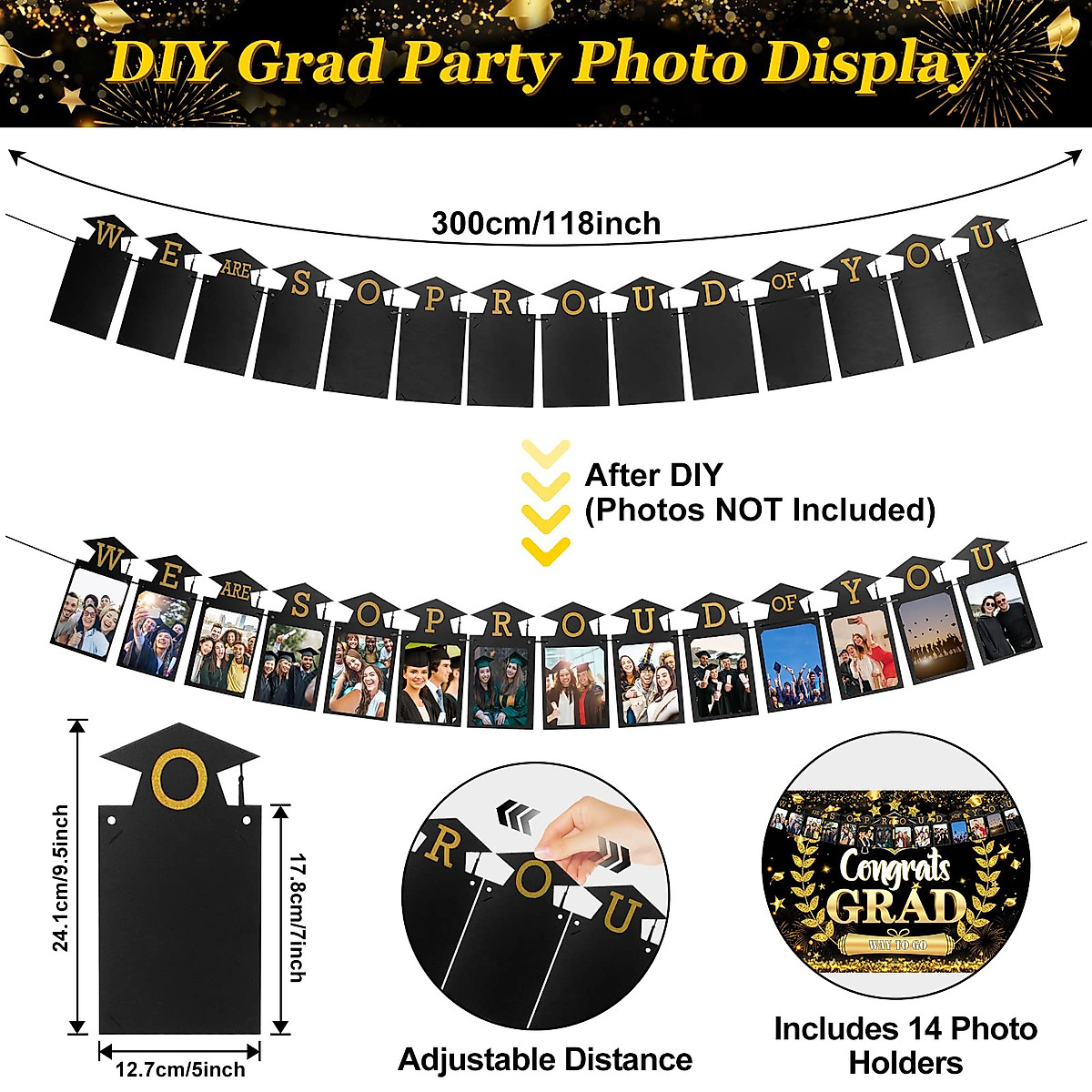 HJINGY Graduation Decorations Class of 2024, 2024 Graduation Party Decorations Include Grad Backdrop, Photo Banner, Congrats Cards, Balloons, Tablecloth, Plates, Cake Toppers for College High School