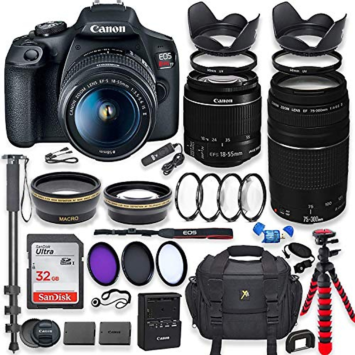 Canon EOS Rebel T7 DSLR Camera with 18-55mm is Lens Bundle + Canon EF 75-300mm f/4-5.6 III Lens + 32GB Memory + Filters + Monopod + Spider Tripod + Professional Bundle (Renewed)