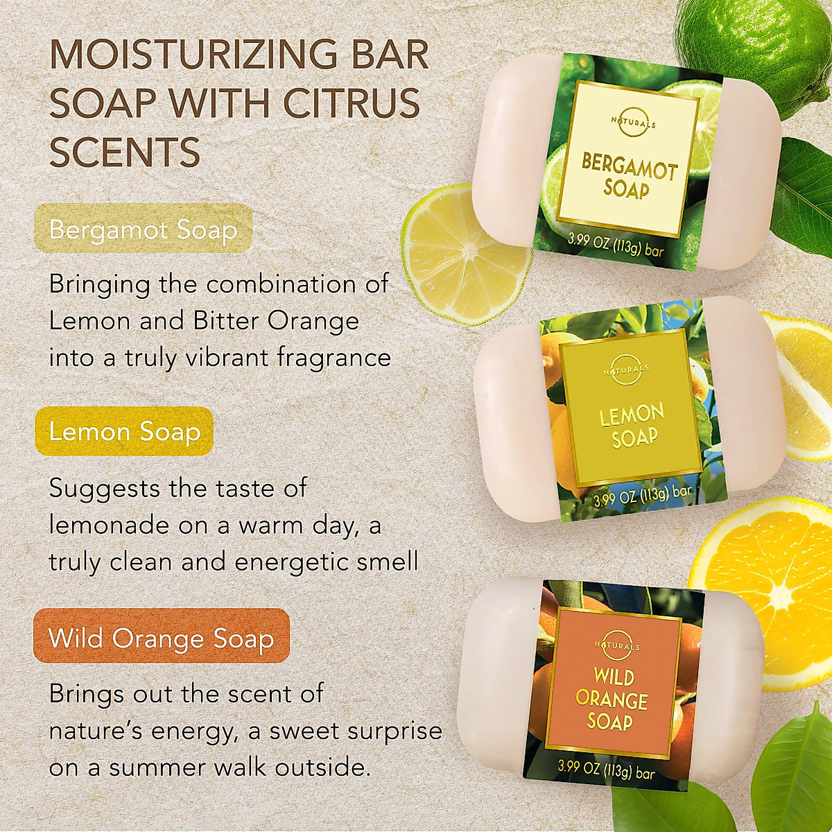 O NATURALS 100% Natural Bar Soap - Assorted 6 PCS Soap Gift Set - Organic Ingredients & Essential Oils - Spa Gifts for Women & Men, Body Wash Soap Bar & Face Soap - Moisturizing Organic Citrus Soap