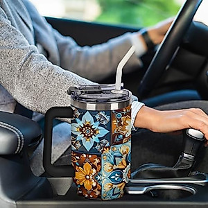 40 Oz Traditional Mexican Pattern Insulated Stainless Steel Tumbler with Handle & Straw Lid, Reusable Travel Cupholder Friendly Mug for Coffee, Water, Tea