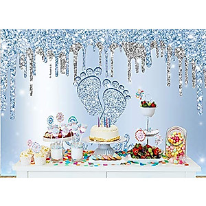 7x5ft Oh Baby Backdrops Baby Shower Background for Boy Oh Boy Little Feet Backdrop for Photography Glitter Blue Baby Shower Boys 1st Birthday Party Decor It's A Boy Baby Shower Banners Photo Props