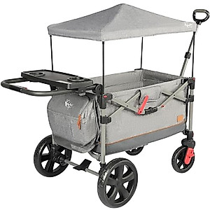 Busy Bee Foldable Wagon Stroller for 2 Kids, Push Pull Collapsible Kids Wagon with Adjustable Handle Bar, Removable Canopy, 5-Point Harness, Shock-Absorbing Wheels, Grey