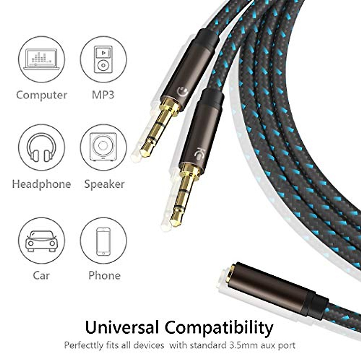 JewMod Headphone Splitter for 3.5mm Female to 2 Dual 3.5mm Male Headphone Mic Audio Y Splitter Cable Nylon-Braided Smartphone Headset to PC Adapter - (1Ft)