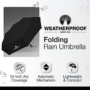 Weatherproof Deluxe Automatic Rain Umbrella, Compact, Lightweight, and Wind Resistant Folding Umbrella for Travel, Full 54 Inch Arc, Black