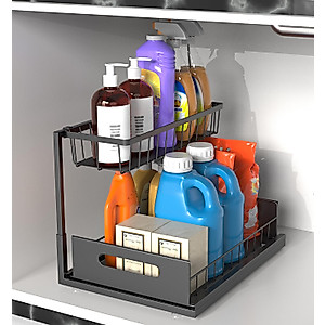Sealegend 2 Pack Under Sink Organizers,2 Tier Under Sink Organizers and Storage Under Cabinet Slide Out Sliding Shelf with Hanging Cups and Hook,Multi-Use Storage Shelf for Bathroom Kitchen