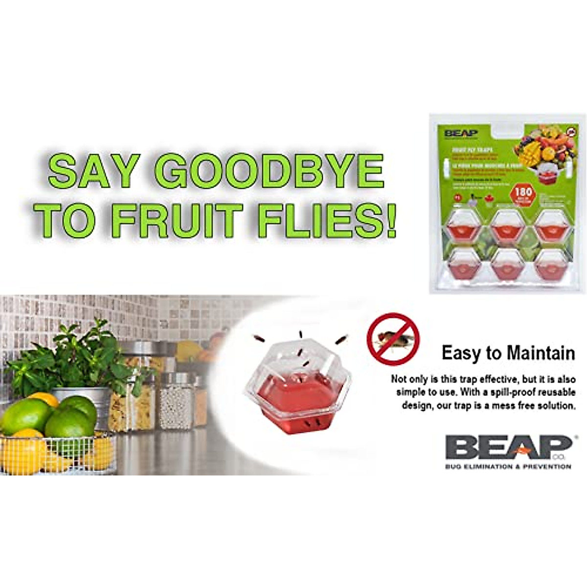 BEAPCO 10036 7 Red 6-Pack Premium Fruit Fly 6 Pre-Filled Trap Flies Indoors | Easy Effective and Safe to Use | Food-Based Lure/Bait Catcher