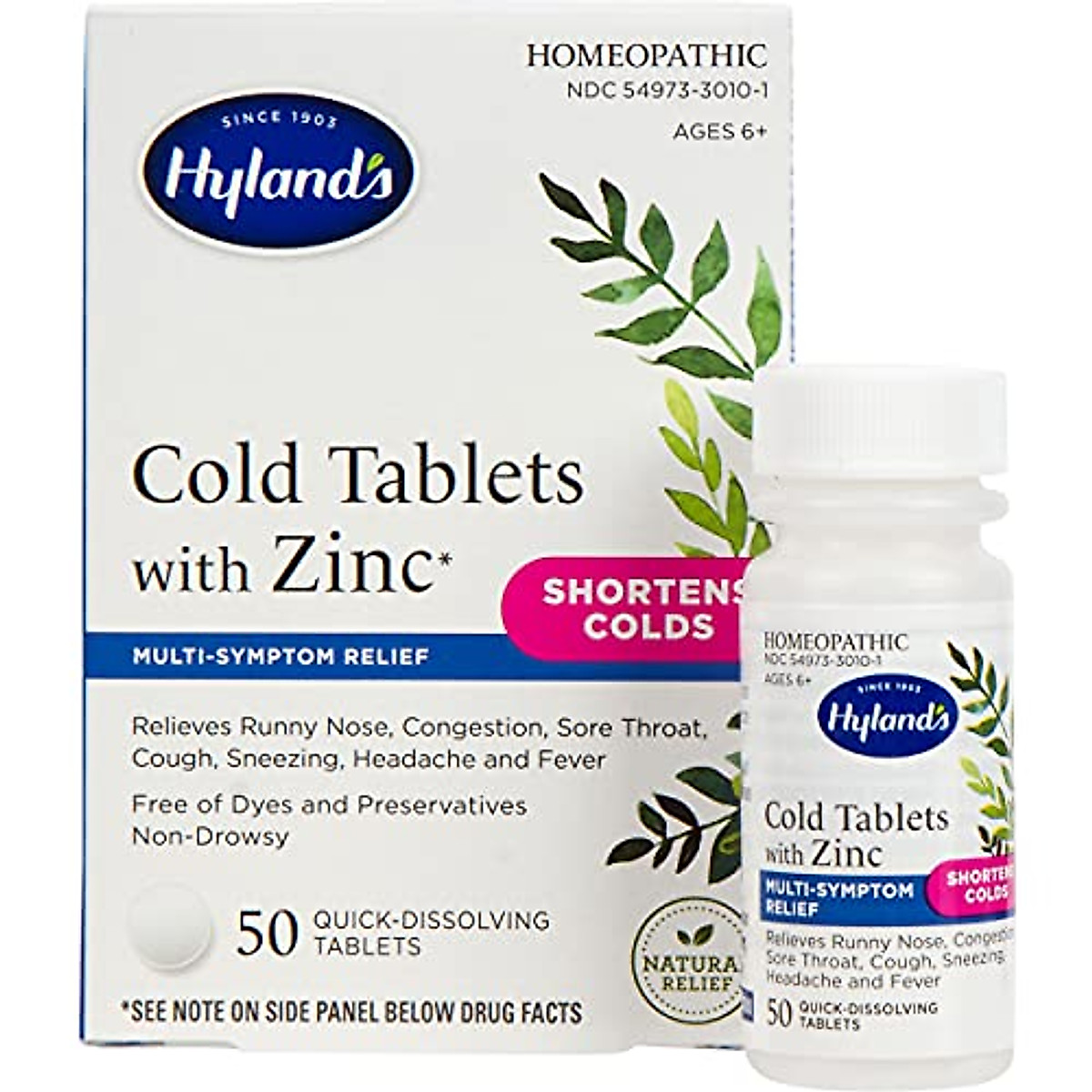Hyland's Cold Medicine with Zinc, Decongestant and Sore Throat Relief, Homeopathic for Adults, 50 Count