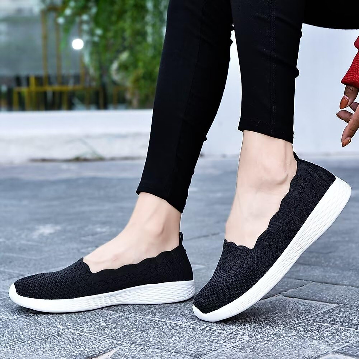 Puxowe Women's Slip on Wide Walking Flat Shoes-Comfortable Low-Top Knit Width Loafer Sneaker Black Size 9 US