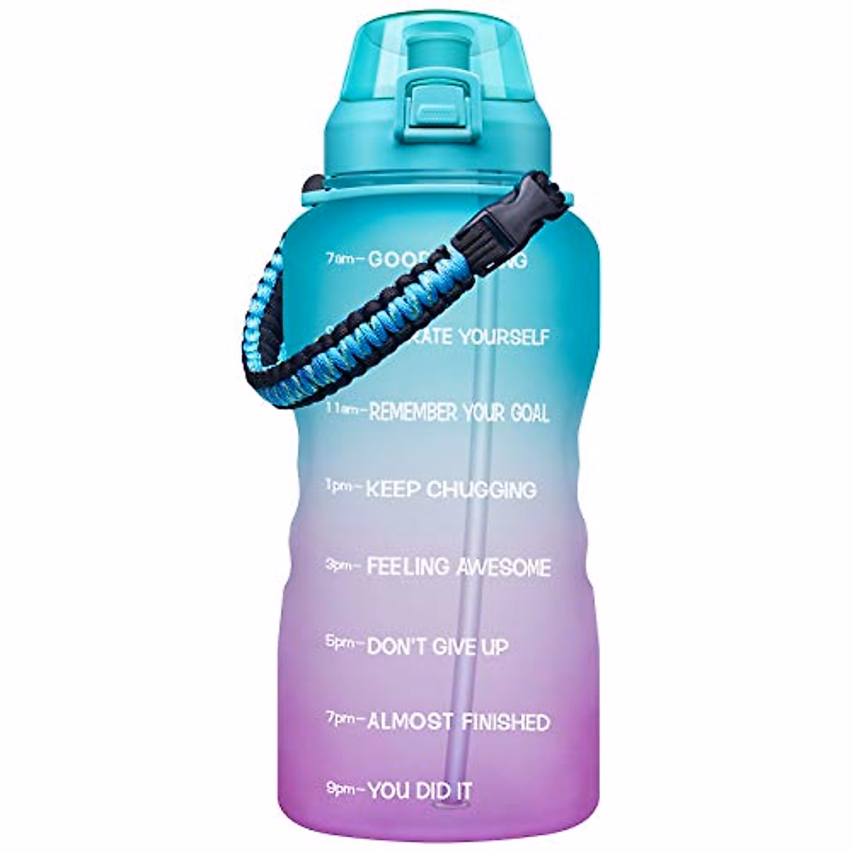 Giotto Large 1 Gallon Motivational Water Bottle with Paracord Handle & Removable Straw - Leakproof Tritan BPA Free Fitness Sports Water Jug with Time Marker-Green/Purple Gradient
