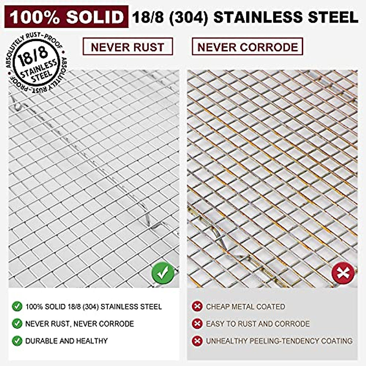 18/8 Stainless Steel, Cooling Rack for Baking with Lifting Handle, 8.5”x 12” Baking Rack, Oven and Dishwasher Safe, Wire Rack for Cooking, Roasting, Grilling, Fits Quarter Sheet Pan