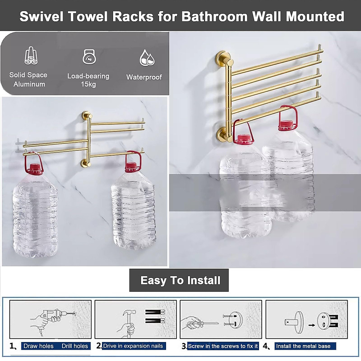 Swivel Gold Bathroom Towel Holder,Swing Out Towel Racks for Bathroom Kitchen,Wall Mount Drying Racks for Laundry,Rustproof Solid Aluminium Towel Hanger Storage Organizer Space Saving Towel Rails
