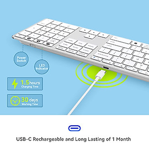 AUSDOM White Wireless Full Size Keyboard: Bluetooth Multi-Device USB Cordless Slim Quiet Keyboard with Numberpad, Rechargeable Noiseless Silent Universal Flat Keyboard for Mac iMac MacOS PC Computer
