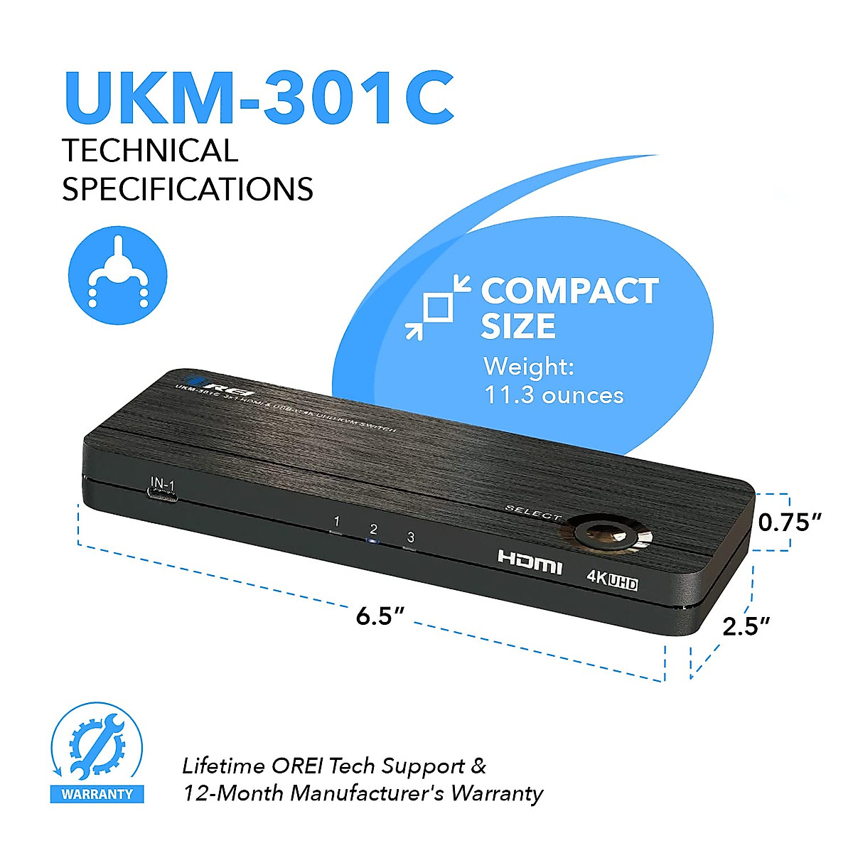 OREI 3 Port KVM Switch 4K@60Hz, 1 USB-C DP Input, 2 HDMI Inputs & 4 USB 2.0 Ports to Connect Flash Drives, Printers and Keyboard-Mouse (UKM-301C)