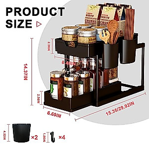 Auzeuner 2 Pack Under Sink Organizers and Storage, 2-Tier Sliding Cabinet Basket Organizer with Hooks Hanging Cup, Multi-Purpose Under Sink Organizers and Storage for Bathroom Kitchen, (Black)