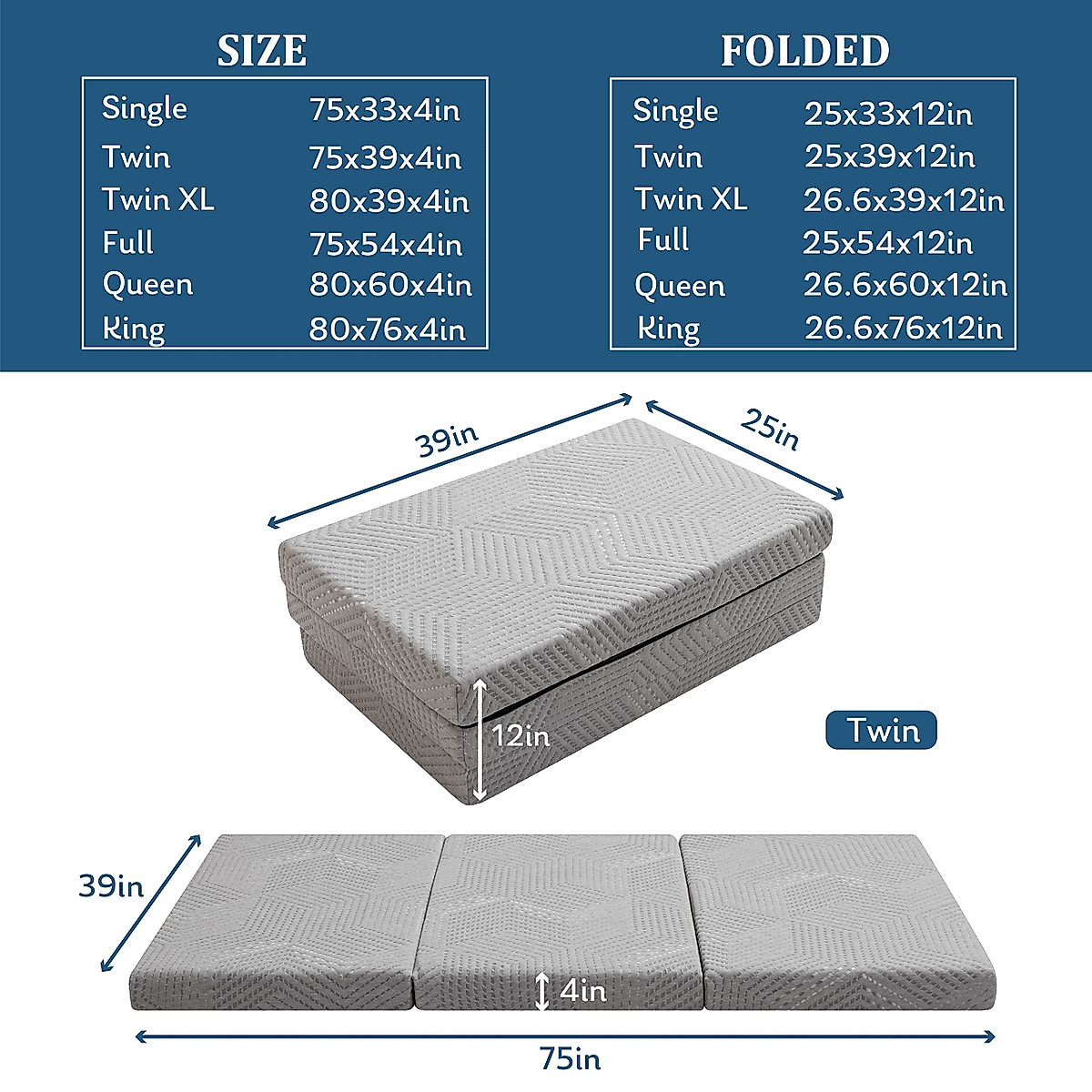 Folding Mattress 4 Inch Tri Folding Memory Foam Mattress, Portable Trifold Mattress Topper with Breathable & Washable Cover, Foldable Floor Mattress Guest Bed for Camping, Travel, Twin