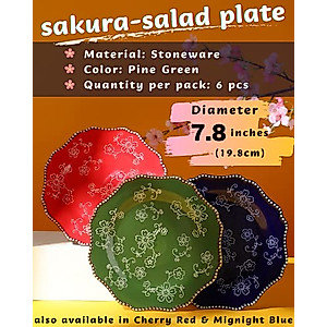 KUNABOO Artisanal Small Ceramic Plates, Salad Plates, Dessert Plates Ceramic Plates Set of 6-7.8” - Sakura Floral Series Pine Green - Ready to Wrap Gift