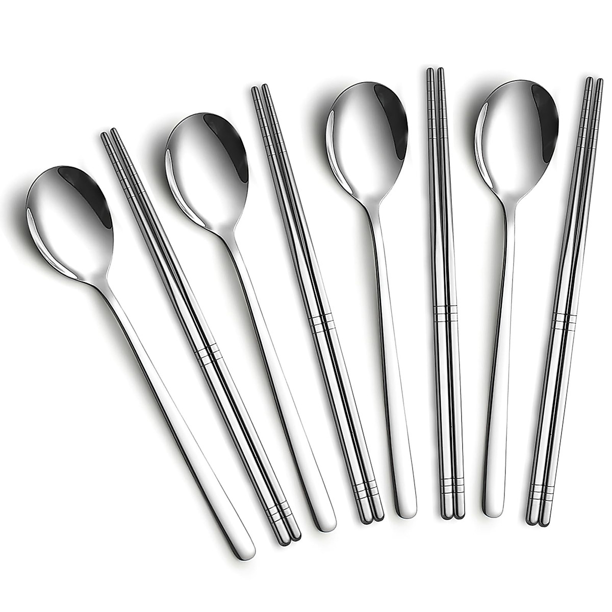 Tiokin Spoon and Chopsticks Set, 4 Pair Stainless Steel Metal Chopsticks Spoon Set,4 Set Korean Chopsticks and Spoons, Reusable Flat Long handle Chopstick Spoon Set for Home, Kitchen or Restaurant