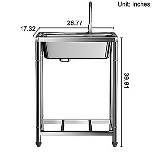 Stainless Steel Utility Sink Single Bowl Outdoor Garden Sink Freestanding Commercial Restaurant Sink Anti-overflow With Faucet Drain Basket Shelf Towel Bar For Kitchen Laundry Room Garage