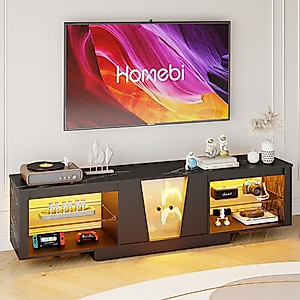 HOME BI TV Stand with LED Lights for TVs up to 70 inch, Entertainment Center with Glass Shelves and Two Cabinets, Console TV Stand for Living Room, 22 RGB Modes, Black