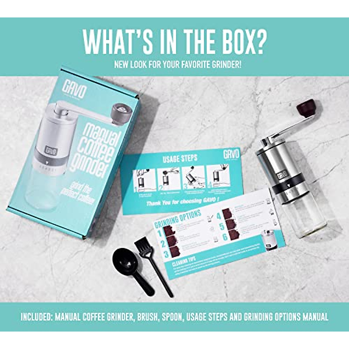 GAVO Manual Coffee Grinder with Stainless Steel Burr - Coffee Grinder Manual with Adjustable Settings for Aeropress, Drip Coffee, Espresso, French Press, Turkish Coffee & More!