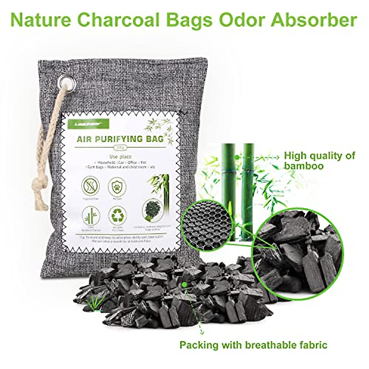 10 Pack Bamboo Charcoal Air Purifying Bags, Activated Charcoal Air Freshener, Nature Fresh Air Purifier Bags, Smell Absorbers for Home, Pet, Closet, Car, Mildew (6x200g, 4x50g) (10)