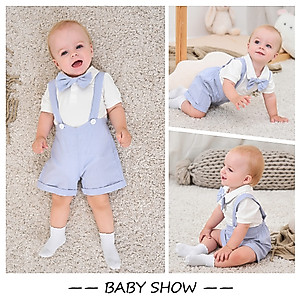 bilison Baby Boy Clothes Gentleman Bowtie Romper and Overalls Suspenders Pants Wedding Tuxedo Outfits(blue,0-6m)