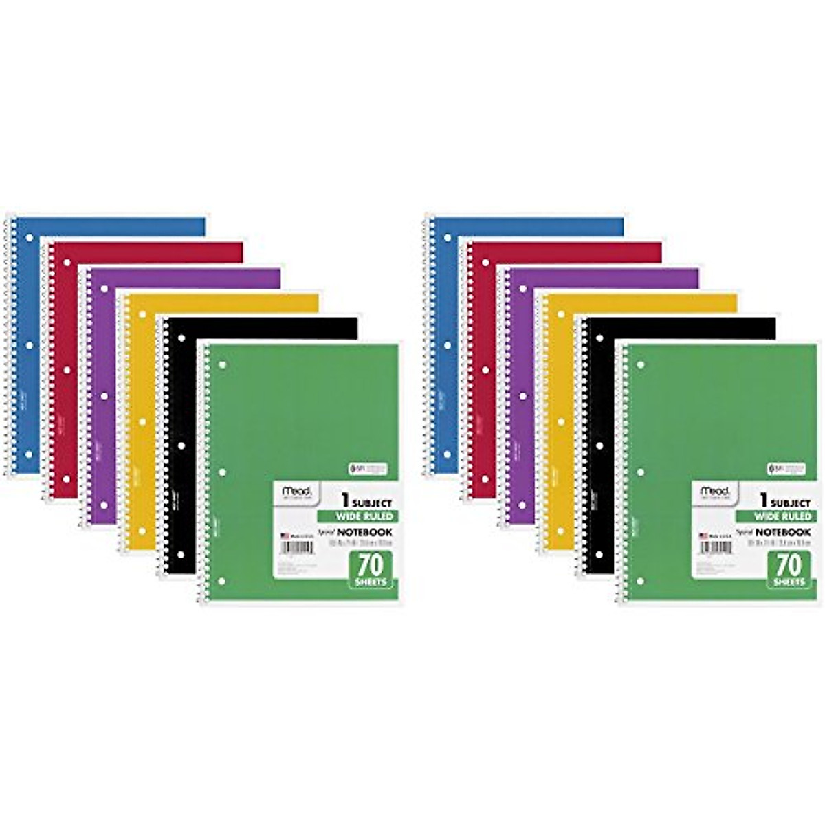 Mead Spiral Notebook, 1 Subject, 70 Wide Ruled Sheets, Assorted Colors, 12 Pack
