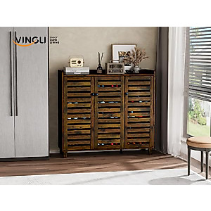 VINGLI Large Shoe Cabinet with 3 Doors 6-Tier Ultra Wide Shoe Cabinet Storage for Entryway 30 Pairs Tall Shoe Organizer Cabinet Wooden Farmhouse Shoe Rack Cabinet Rustic Brown