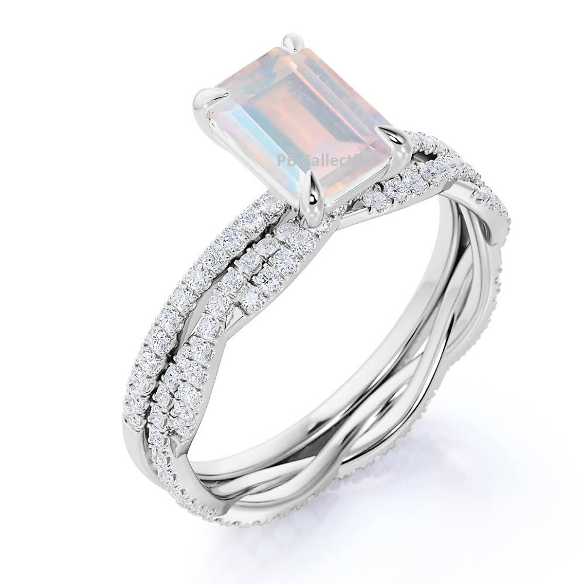 PB Collection Emerald Cut Created Moonstone Twisted Pave Wedding Band Engagement Ring Bridal Set in 925 Sterling Silver 5