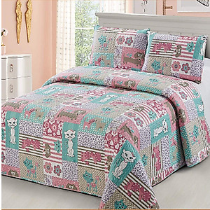 Luxury Home Collection 2 Piece Twin Size Coverlet Bedspread Quilt Set with Pillowcase Kids/Toddlers/Girls Multicolor Fun Design Dogs Cats Pets Flower Petals Puppy Lover Aqua Pink Purple White
