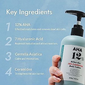 VILLAGE11FACTORY AHA 12% Body Lotion Korean Body Cream Exfoliating & Rejuvenating Formula with Glycolic Acid and Hyaluronic Acid Unscented (10.6 Oz)