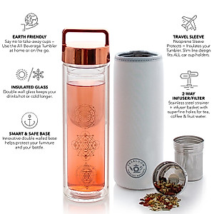 Teabloom All-Purpose Beverage Tumbler – 15 oz / 450 ml Insulated Glass Bottle – Tea, Coffee, Fruit Infused Water – All-Temperature Travel Mug – Stainless Steel Infuser Basket – The Wayfarer Tumbler