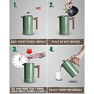 POLIVIAR French Press Coffee Maker, 34 oz Coffee Press with Real Wood Handle, Double Wall Insulation & Dual-Filter Screen, Food Grade Stainless Steel for Good Coffe and Tea (Flatland)