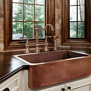 Two-Handles Bridge Kitchen Faucet with Side Sprayer (Antique Copper)