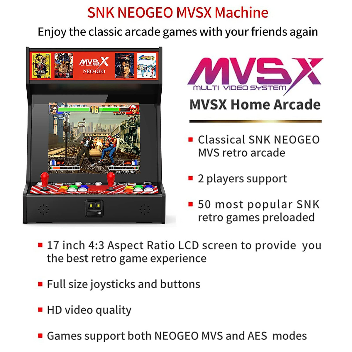 UNICO MVSX Home Arcade, Preloaded 50 SNK Licenced Retro Games, Support Two Players to Play Games Concurrently, Including The King of Fighters/Metal Slug and More