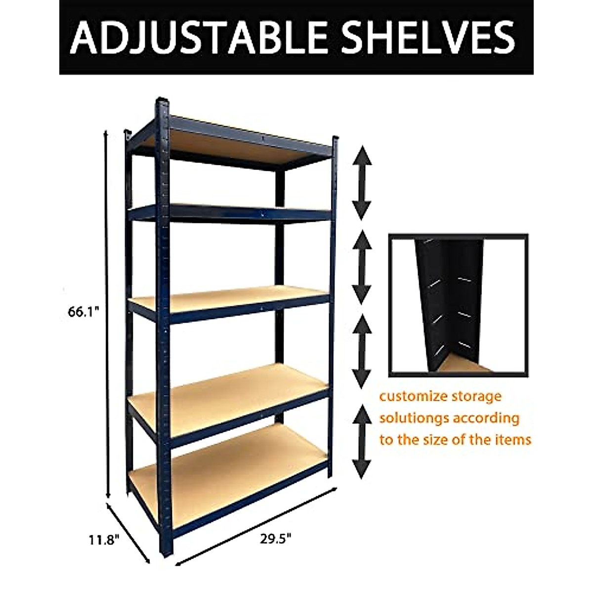 66" Storage Shelves, Heavy Duty Steel Frame 5-Tier Storage Shelves for Garage, Heavy Duty Shelving Unit Metal Storage Rack, Adjustable Storage Shelves Standing for Home/Office/Dormitory/Garage (BLACK)