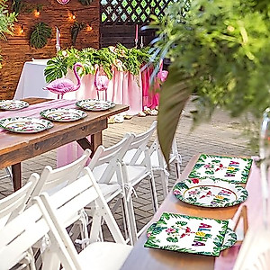 MEZOOM 75pcs ALOHA Tableware Set Tropical Luau Napkin Flamingo Paper Plate(7 & 9 In) Hawaiian Disposable Dinnerware Set with Hibiscus Flower & Palm Leaf for Summer Beach Themed Party Serves 25 Guests