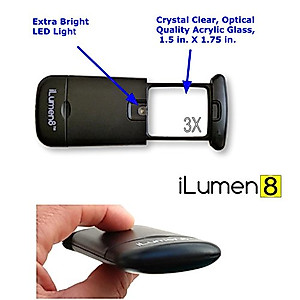 Best Pocket Magnifying Glass by iLumen8-3X Small Magnifier with Lights. Great for Seniors, Kids, Travel. Fits into Purse or Pocket Read Maps, Menu, Jewelry, Coins Hobby Stamps. Lighted Low Vision Aid
