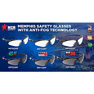 MCR Safety MP110AF Memphis MP1 Series Safety Glasses with Clear Lenses, UV-AF Antifog Coating Protection, Wrap Around Design, Black Frame, 1-Pair