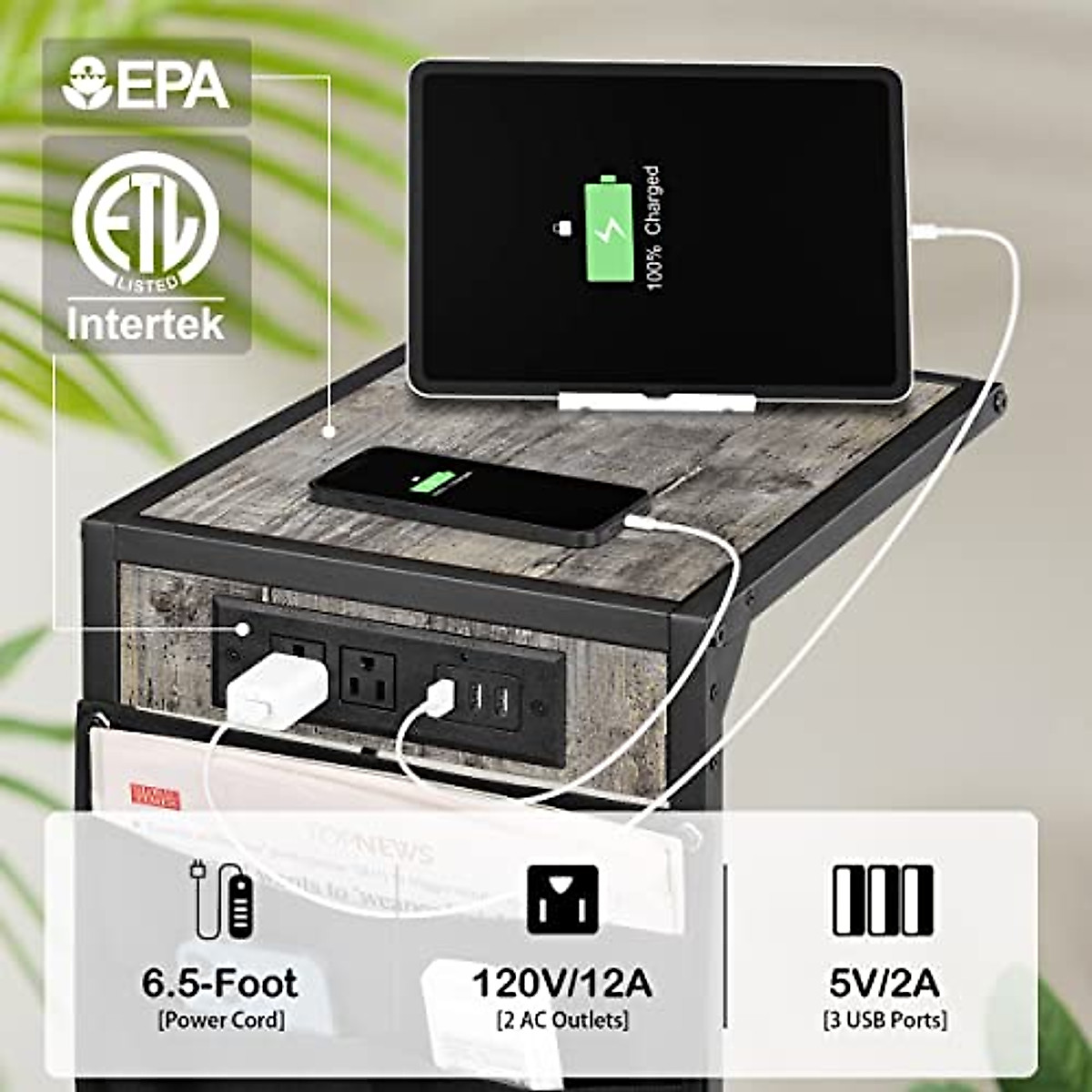 Set of 2 C Shaped End Table with Charging Station, Snack Side Table, C Tables for Couch, Couch Tables That Slide Under, for Living Room, Bedroom, Gray