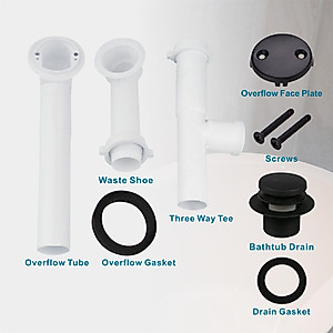 Black Tubular Tub Drain Kit with Welsan Tip-Toe Bathtub Drain Stopper, Touch-Toe Bath Plug Waste and Overflow Face Plate, 1-1/2" PVC Plastic Pipe (Matte Black)