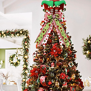 Montekin Christmas Tree Topper Hat with Bow, Red Velvet Top Hat Ornament with Elf Legs and Red & Green Polka Dot Bow, Winter Holidays Xmas Decor for Home Decoration