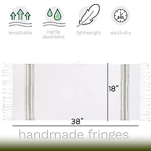 BAROOGA Hand Towels for Bathroom (Set of 3) Turkish Kitchen Towels, Farmhouse Towels for Kitchen, Fringe Tea Dish Cloth Set, Quick Dry and Highly Absorbent (18 x 38 inches) (Khaki Green)