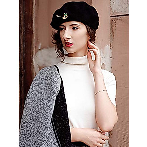 6 Pieces Wool Beret Hat Solid Color French Beanie Hat with Silky Scarf Brooch (Black and Beige)