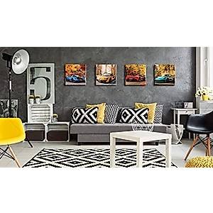 DJSYLIFE Car Posters Boys Room Decor Wall Art Giclee Canvas Prints Autumn Landscape Red Sport Car Pictures Modern Artwork for Bedroom Home Decorations Painting 12x12 inchesx4 Framed Ready to Hang