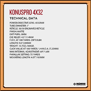 KONUS - KonusPro 7262 4X32mm Riflescope With Engraved 30/30 Reticle, Black