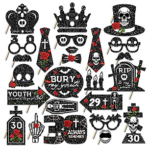 30th Birthday Photo Booth Props Death to My 20s Party Supplies 25pcs Black Rip 20s Selfie Props for Men Women Rip to My 20s Decorations,Funeral for My Youth,Dirty Thirty,Funny Thirtieth Birthday Party