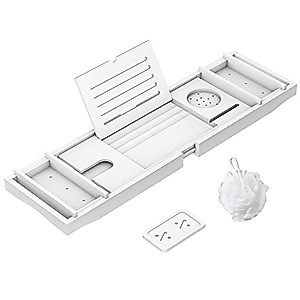 Bamboo Bathtub Tray Bath Tub Caddy with Expandable Handles Wine Glass Phone Holder Book Stand for Bathroom White