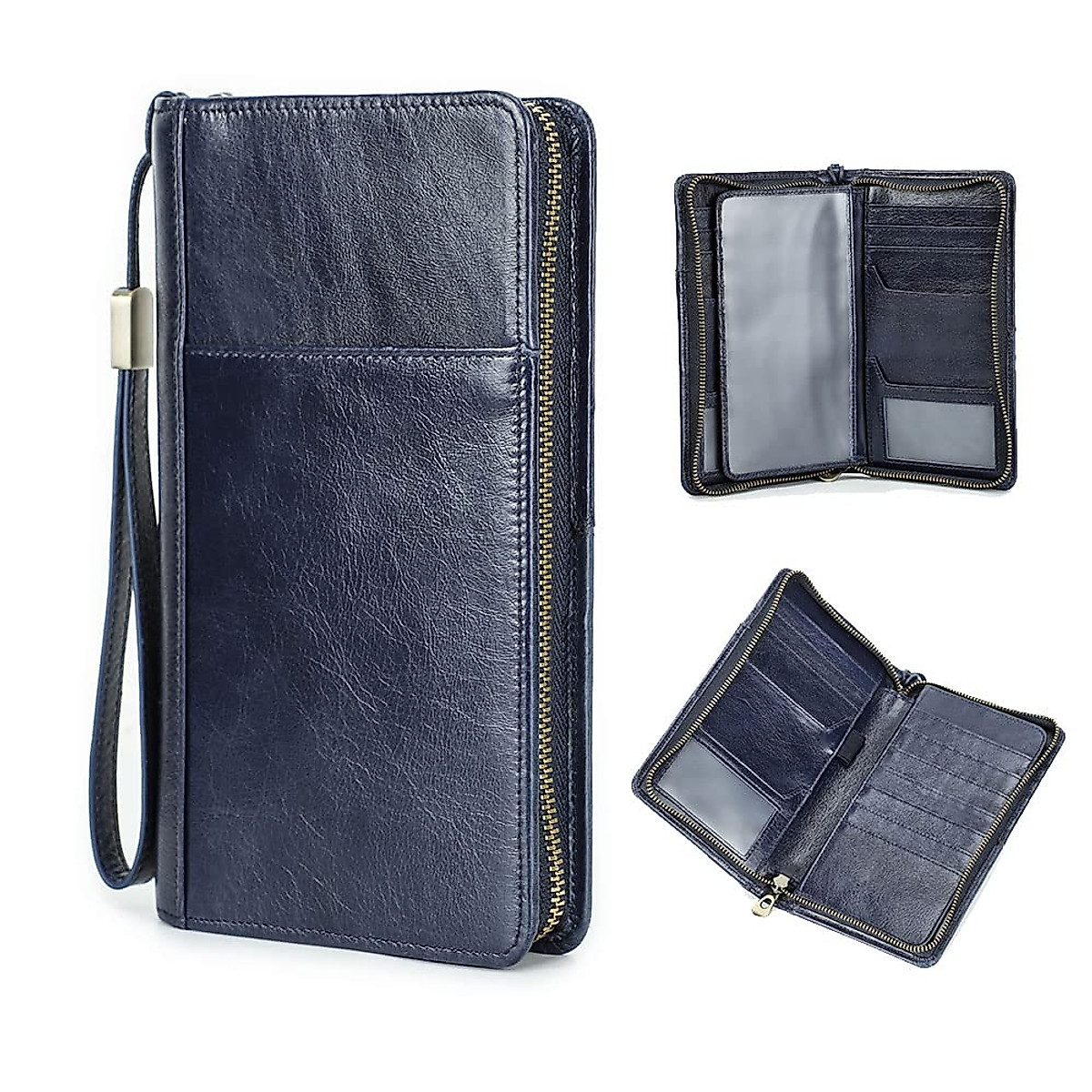 Contacts Passport Wallet Leather Family Passport Holder for 4 Travel Documents Organizer RFID Blocking Zipper Blue Card Wallet with 13 Card Slot