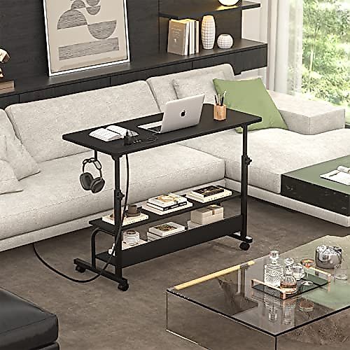 Height Adjustable Standing Desk with Power Outlets, 32" Manual Stand Up Desk with Storage Shelves Small Mobile Rolling Computer Desk Portable Laptop Table with Wheels for Home Office, Black